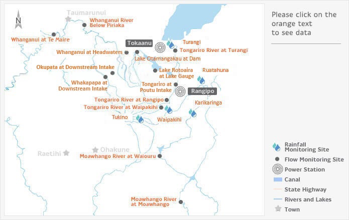 Tongariro rivers, lakes, and rainfall map